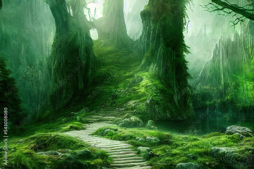 Fantasy misty forest as landscape background Stock Illustration | Adobe ...