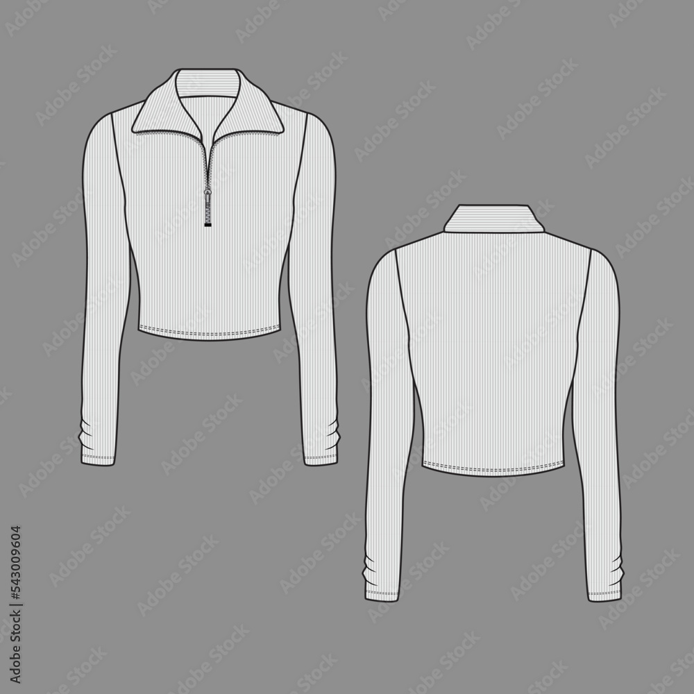 Zipper High Neck Ribbed Crop Top Half Open Zip detail Long Sleeve ...