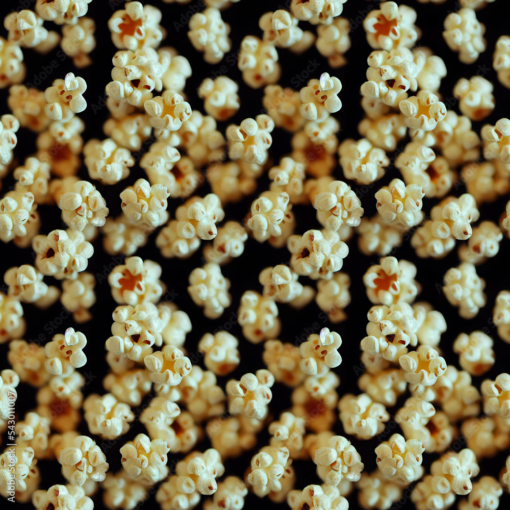 3D rendered seamless fluffy popcorn pattern in black background. For ...