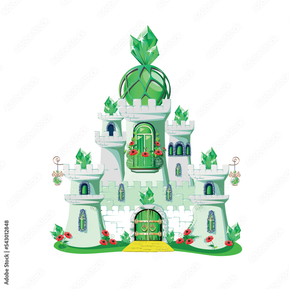 Emerald princess castle with green crystals, towers and green gates ...