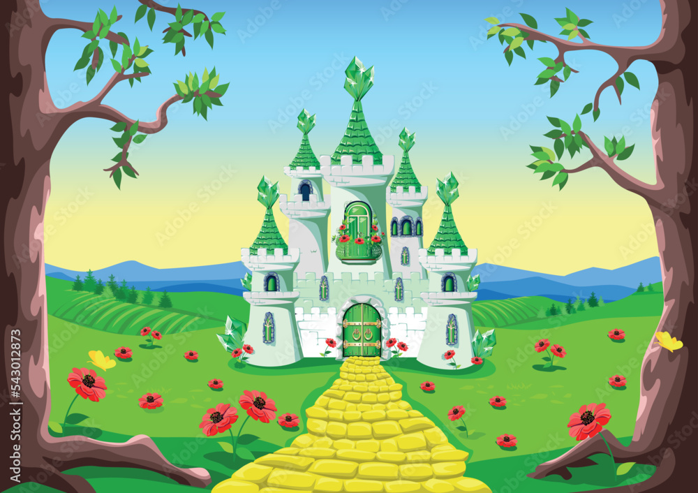 Emerald city and yellow brick road on a fairy tale background. Vector ...