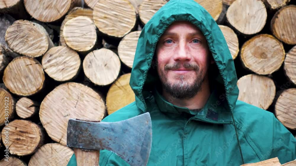 Portrait of a real bearded man with an axe. Bearded lumberjack with an ...