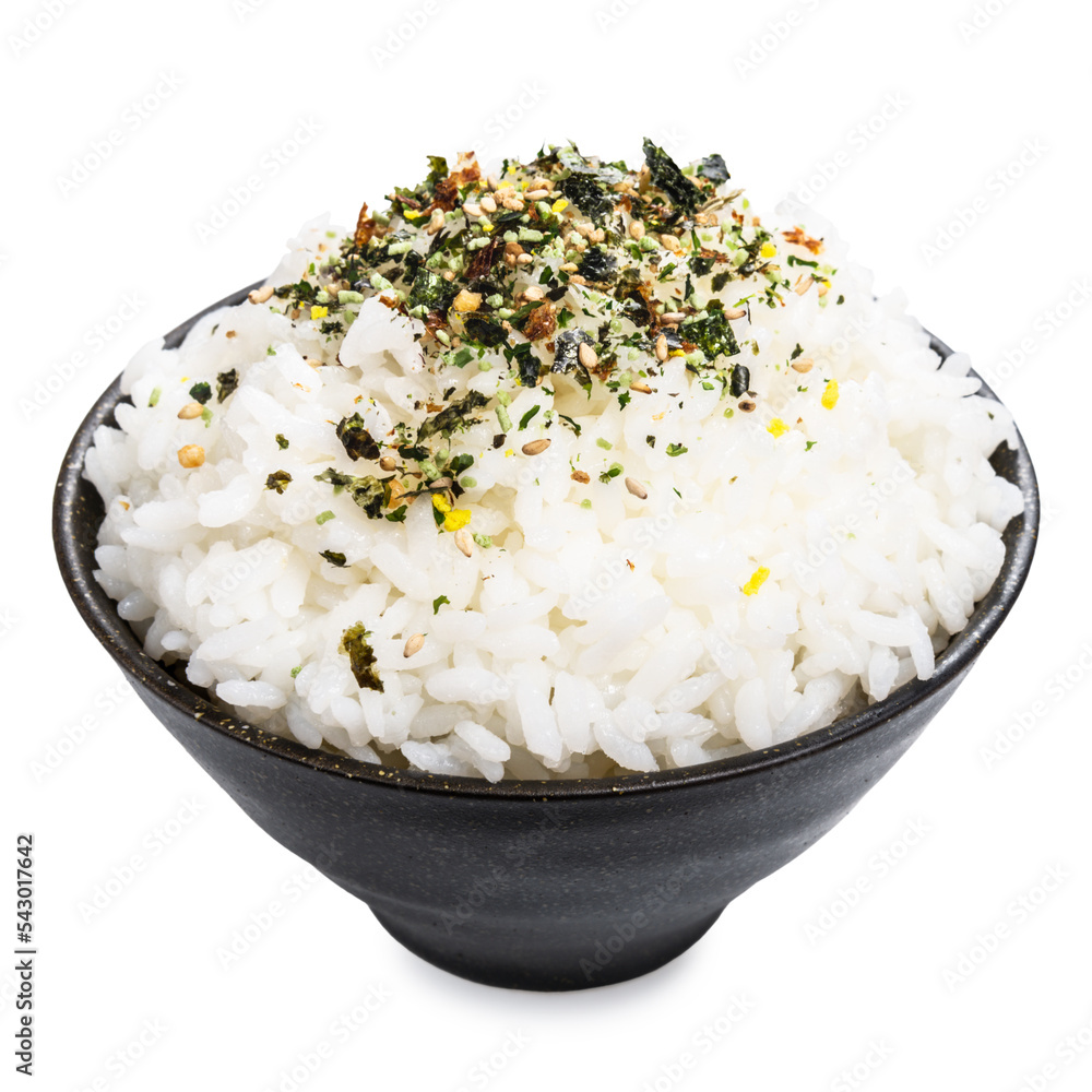 rice in black bowl with Japanese spices isolated on white background ...