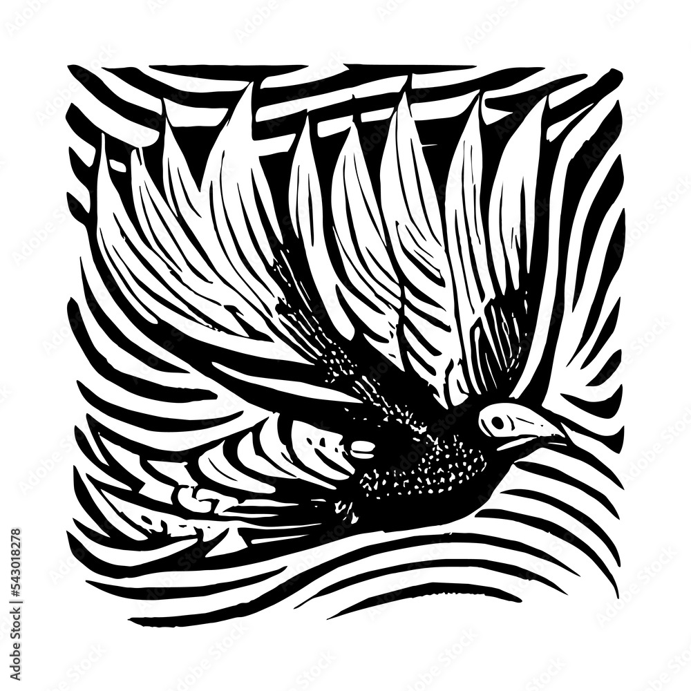 Hand drawn linocut style trendy and expressive vector sketch of flying ...