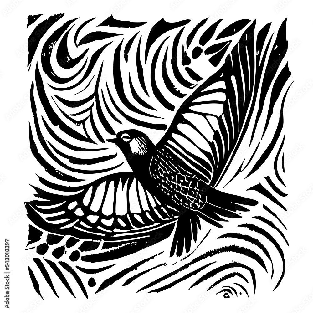 Hand drawn linocut style trendy and expressive vector sketch of flying ...