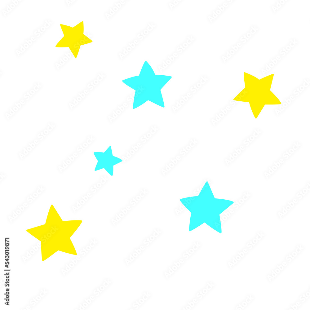 Drawing on a transparent background, several blue and yellow stars of ...