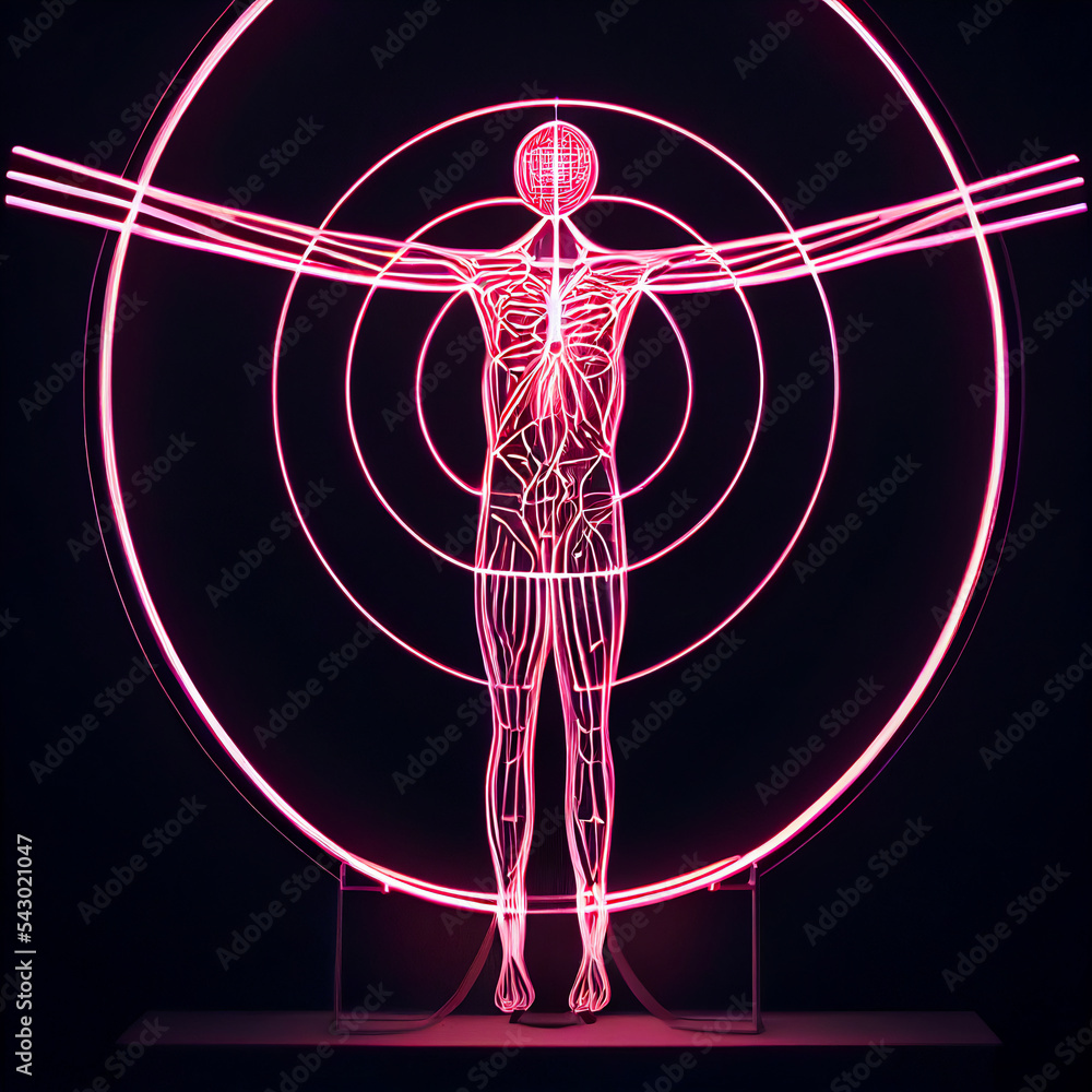 The Vitruvian Man is a beautiful, neon sculpture depicting human ideal ...