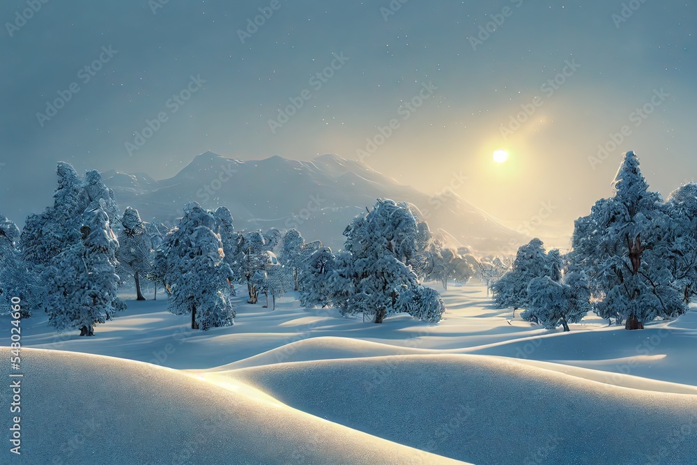 3D rendered winter snow scene cold and serene new for winter 2023. Winter solstice December 2022 ...