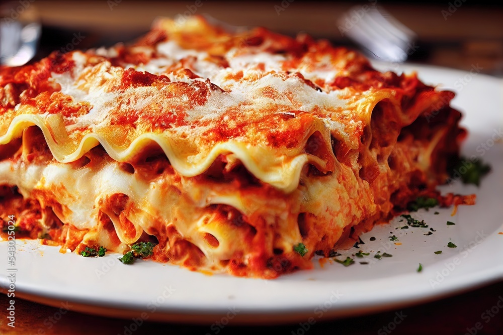 3D rendered computer generated image of a hot, melted lasagna. Marinara ...
