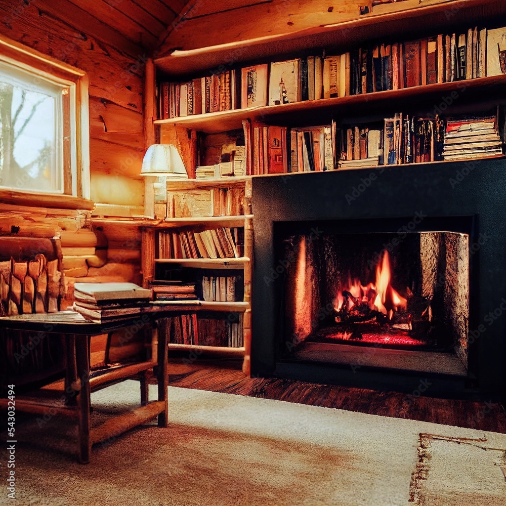 books on tables and shelves inside a cabin near the fireplace in the ...