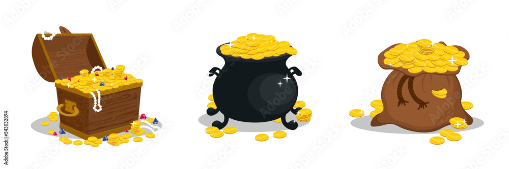 Set of precious treasures in cartoon style. Vector illustration of gold ...