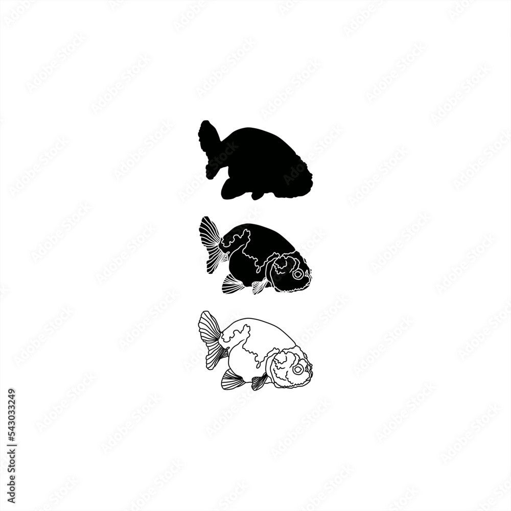 monochrome ranchu goldfish illustration in line-art style silhouette ...