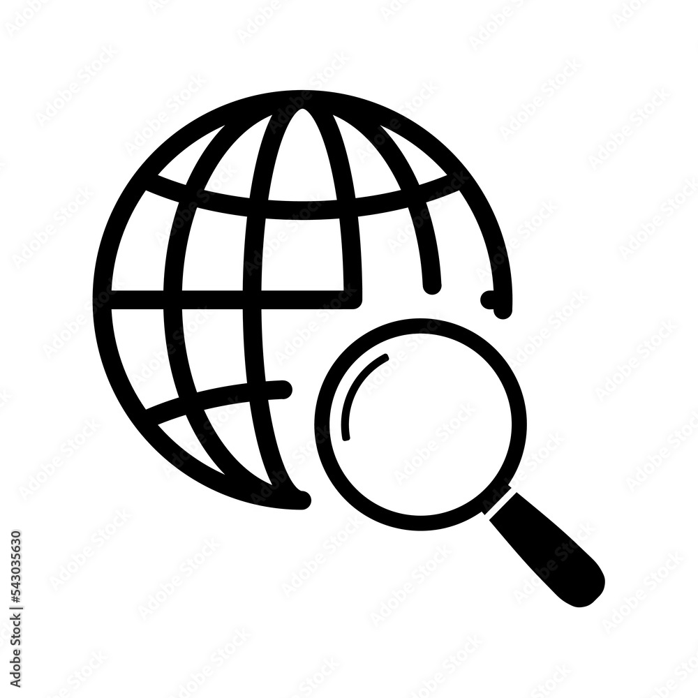 Global search icon in flat style. Globe with magnifier symbol isolated ...