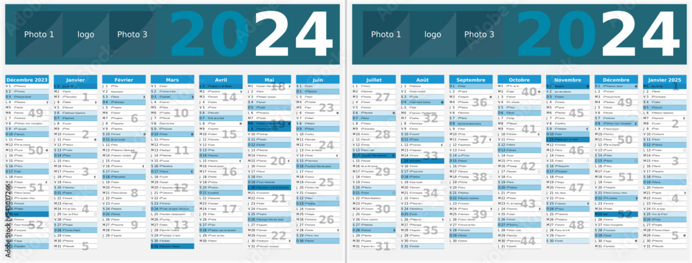Vektorová grafika „Calendrier 2024 14 mois au format 320 x 420 mm recto ...