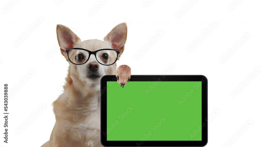 Funny cute dog is showing a notebook screen. Laptop green screen ...