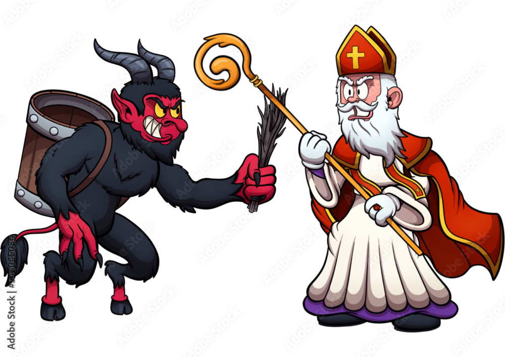 Saint Nicholas VS Krampus. Vector clip art illustration with simple ...