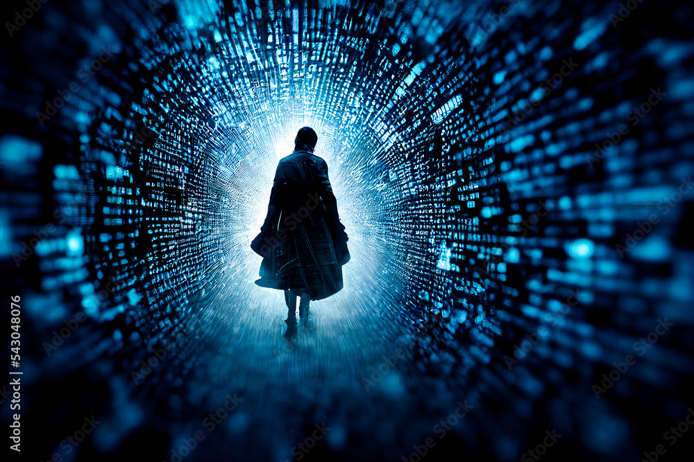 Binary code tunnel, into the matrix. Hyperdrive internet, information ...