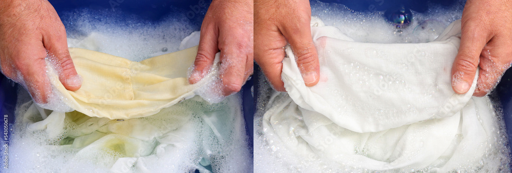 Image comparison before and after washing dirty white clothes. Man ...