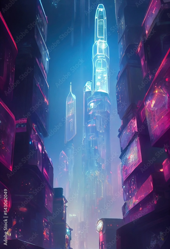 A futuristic neon city. A rainy city street with road. The concept of ...