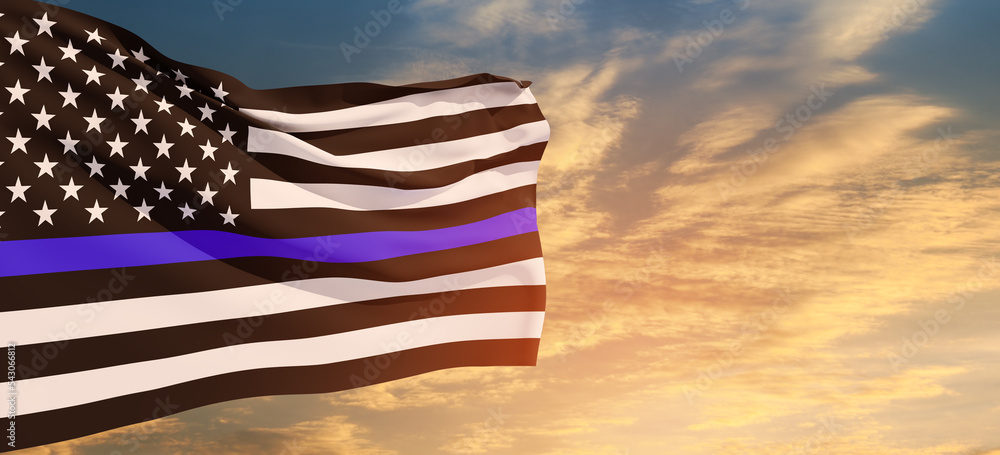 American flag with police support symbol Thin blue line on sunset sky ...