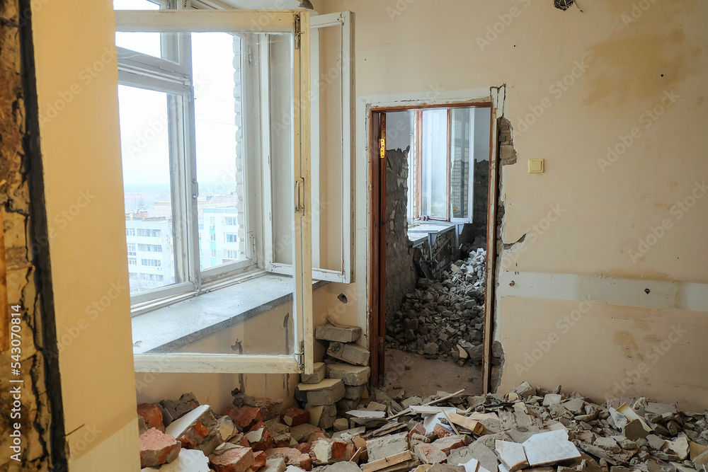 Construction debris in the rooms of the reconstructed building ...