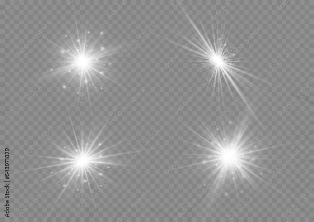 Set of glowing white stars bursts with sparkles. Sunlight special lens ...
