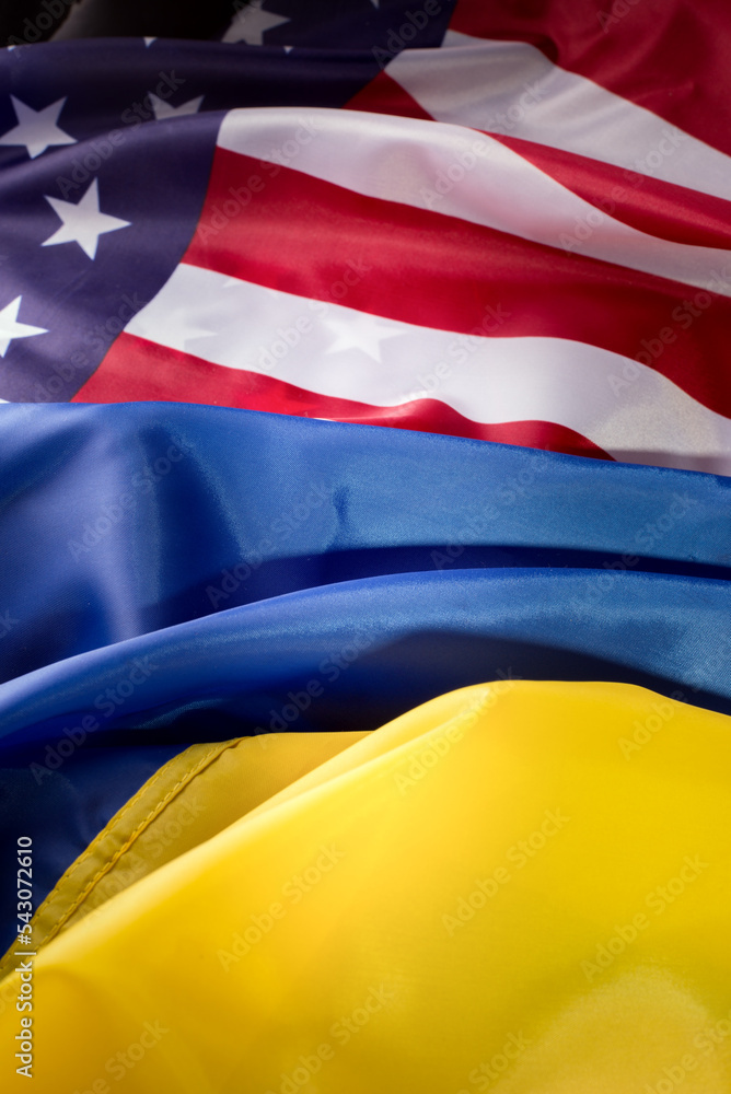United States of America and Ukrainian flags together on one picture ...