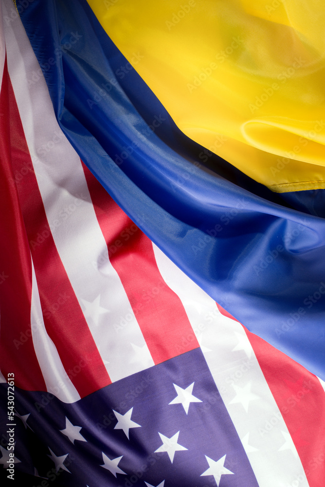 United States of America and Ukrainian flags together on one picture ...