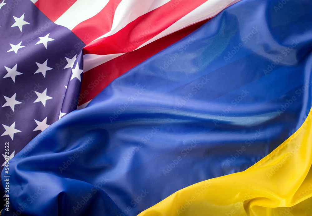 United States of America and Ukrainian flags together on one picture ...