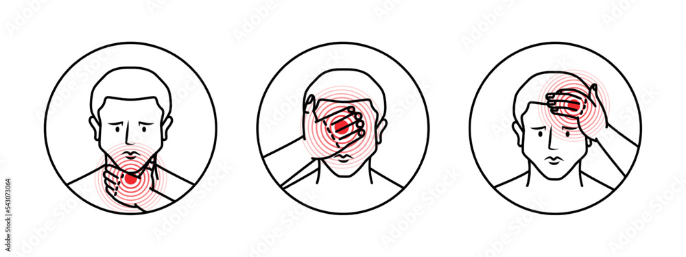 Human head pains sketch set. Pains in head, throat and neck. Ache in ...