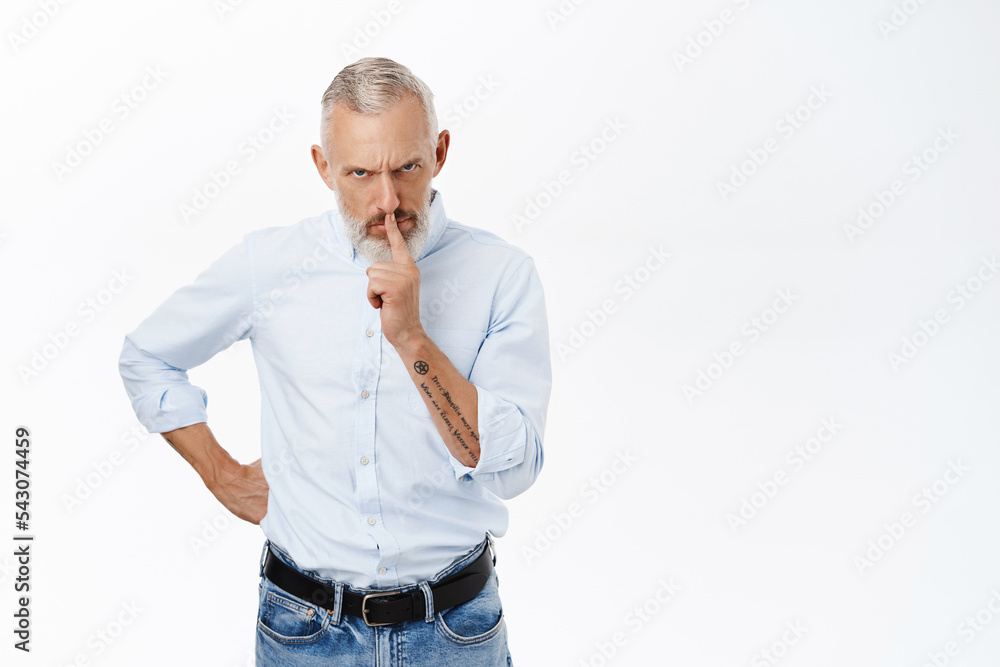 Angry old man, shushing, hush with furious serious face, shut up, keep ...