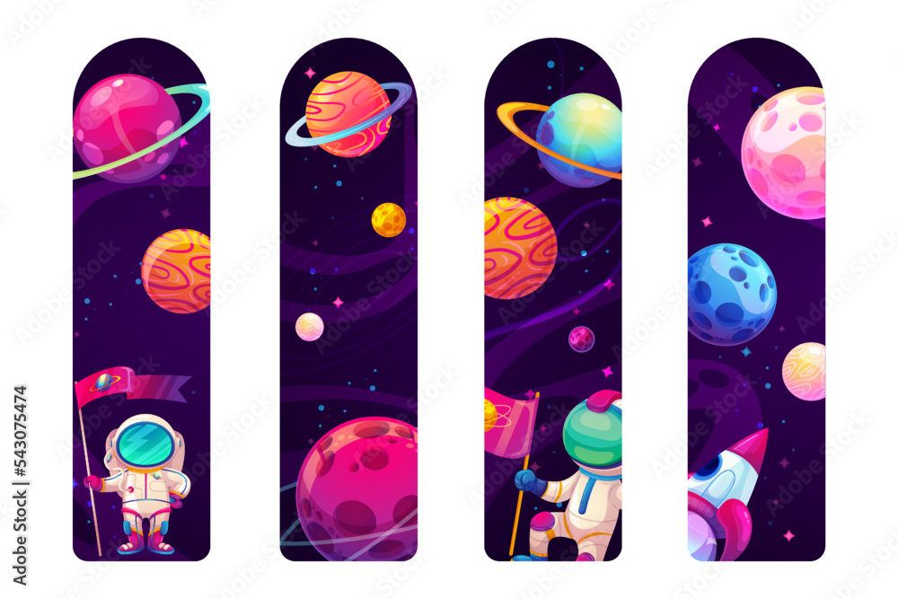 Vector illustration Set of four bookmarks decorated with colorful space ...