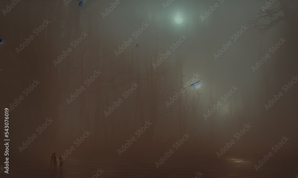 Highly detailed illustration of a an old giant forest with fireflies at ...