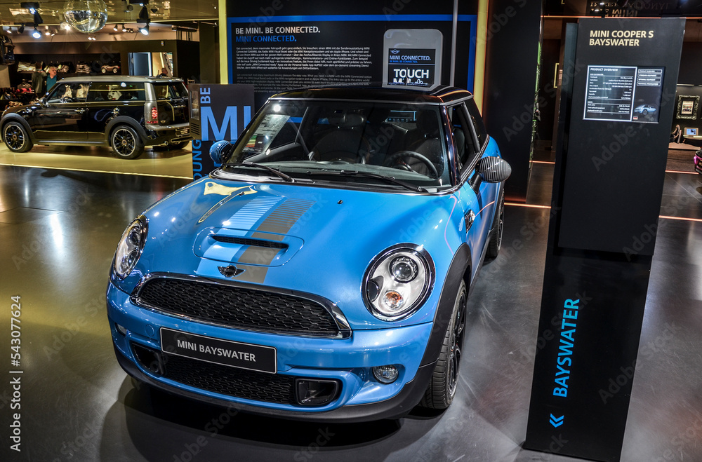 Blue Mini Cooper S Bayswater on display at exhibition Center BMW Welt ...