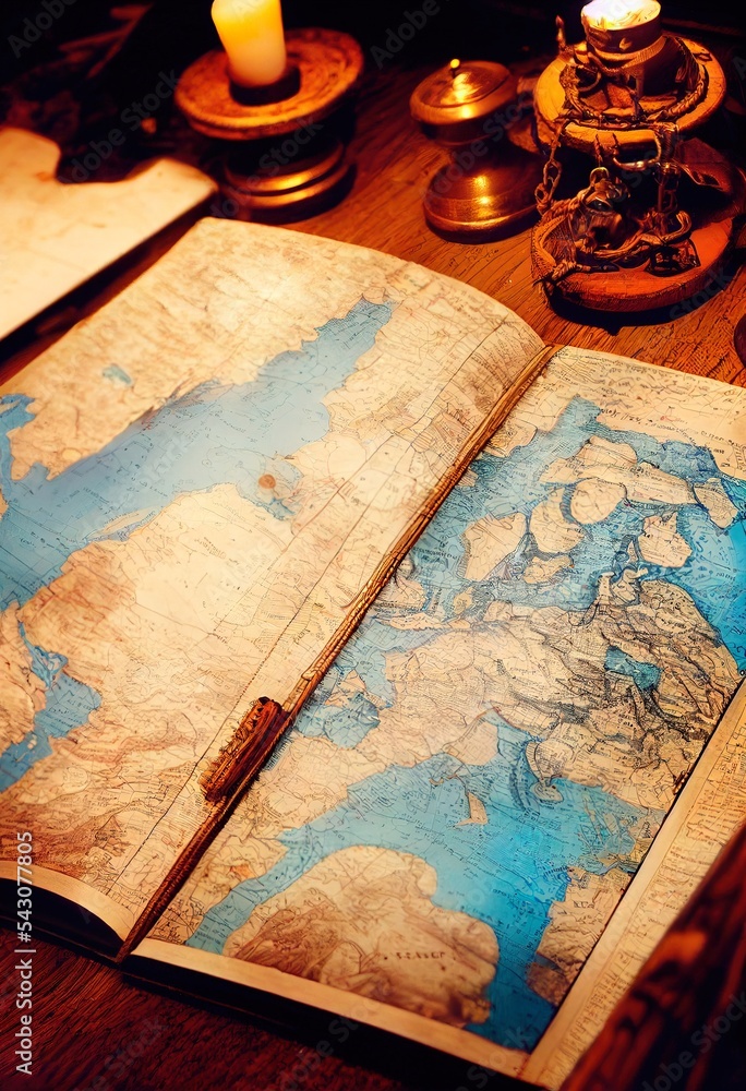 An ancient pirate map in the cabin of a pirate ship. Image of an ...