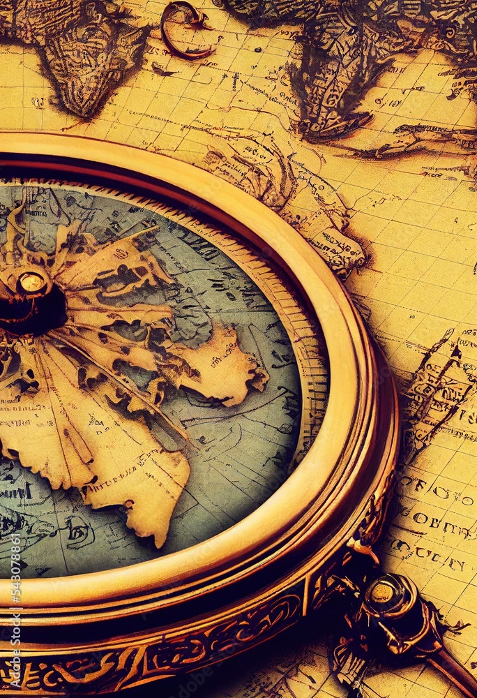 An antique pirate compass on a pirate map in the cabin of a pirate ship ...