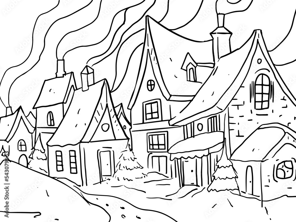 A winter village with pointed houses and smoking lanterns. Stock vector ...