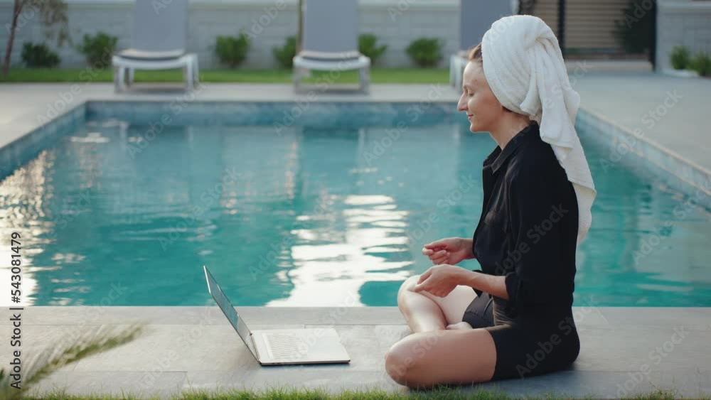 Alone time with herself Young Female after swimming in the pool ...