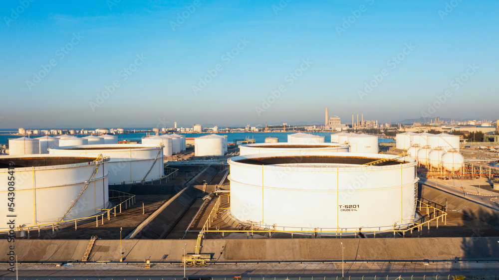 Aerial top view of White oil tank storage chemical petroleum ...