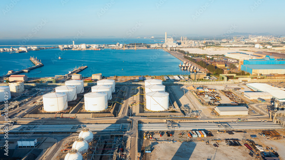 Aerial top view of White oil tank storage chemical petroleum ...