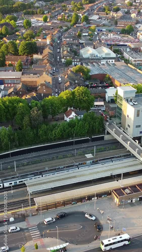High Angle Footage of British Train and Railway Tracks. Drone's Camera ...