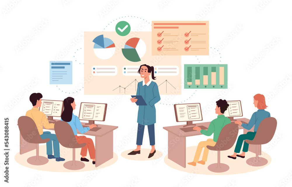 Education process concept. Men and women sit at computers and look at ...