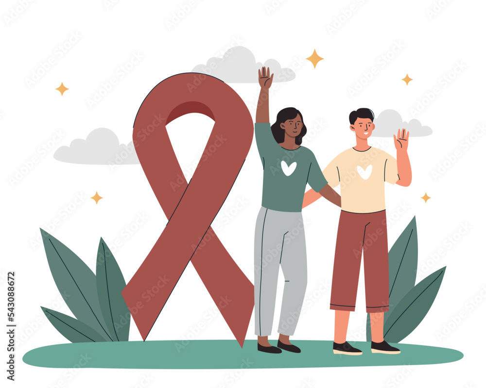 Stop violence concept. Man and woman hug near red ribbon. Activists and ...