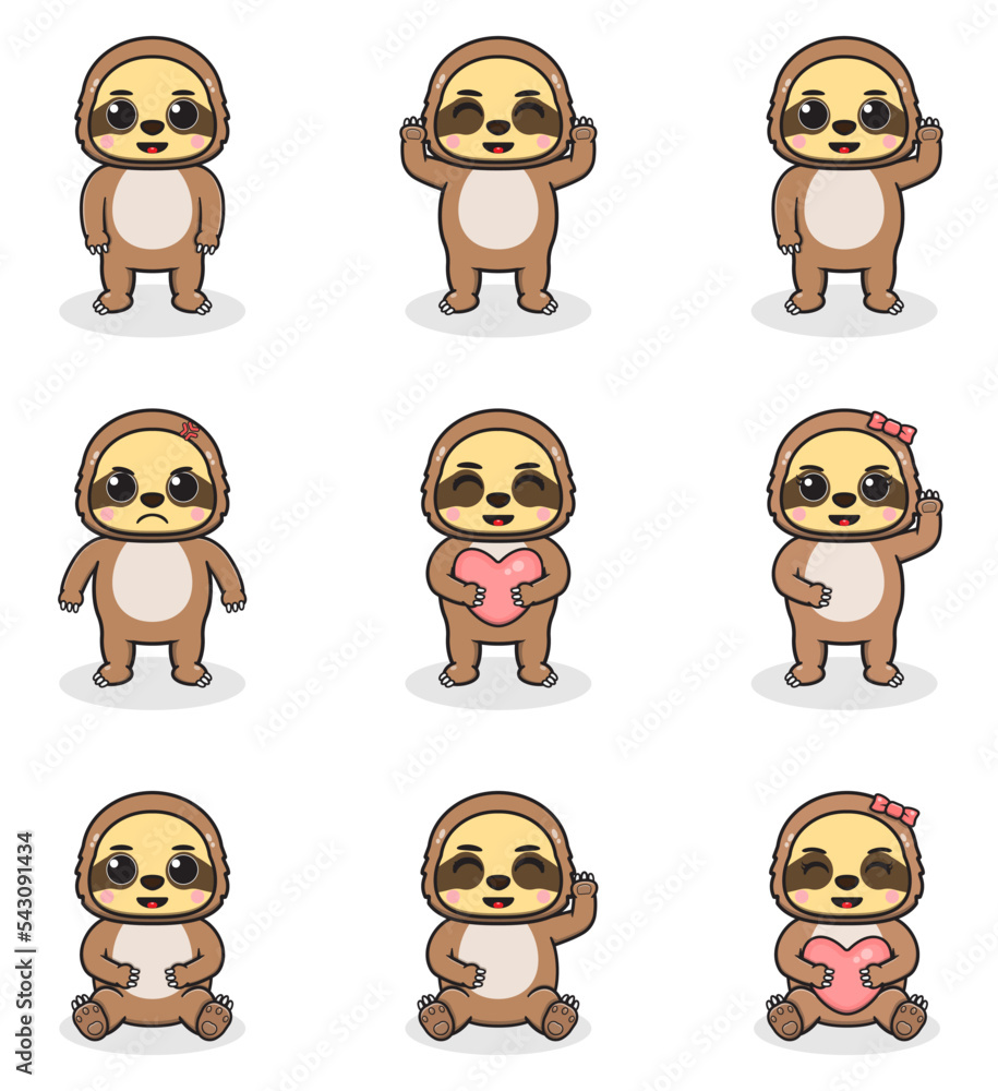 Vector illustration set of Sloth cartoon. Bundle of cute Sloth set. Set ...