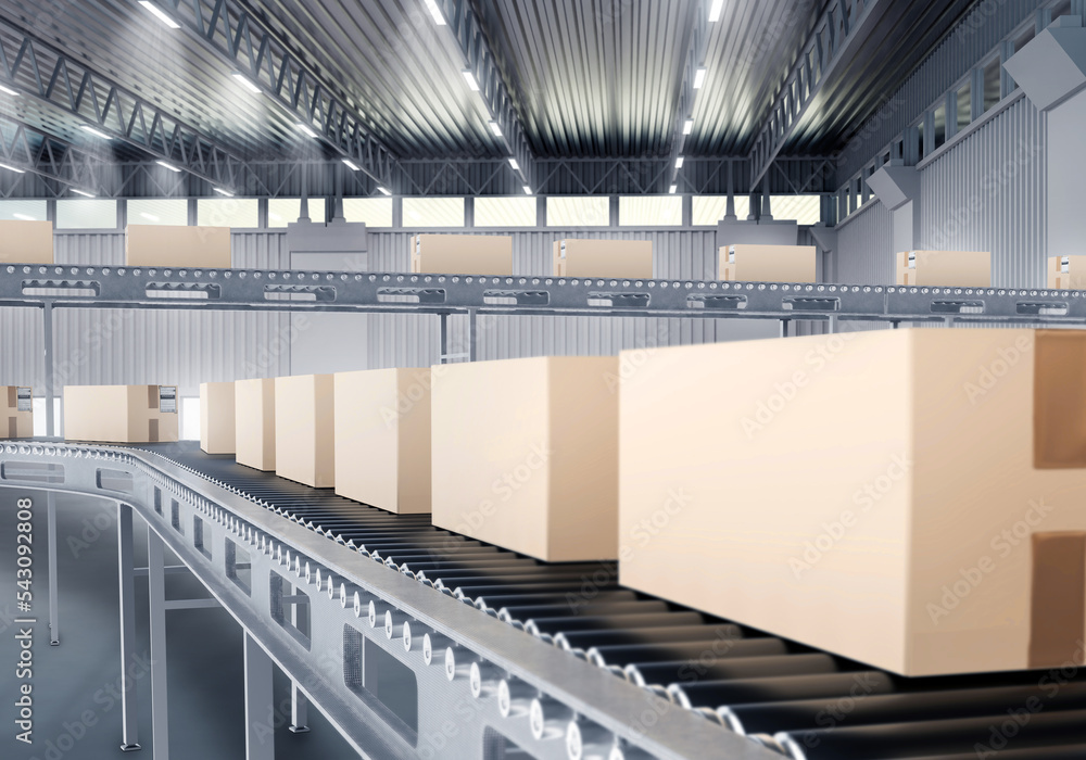 Cardboard boxes on conveyor. Automation production processes. Building ...