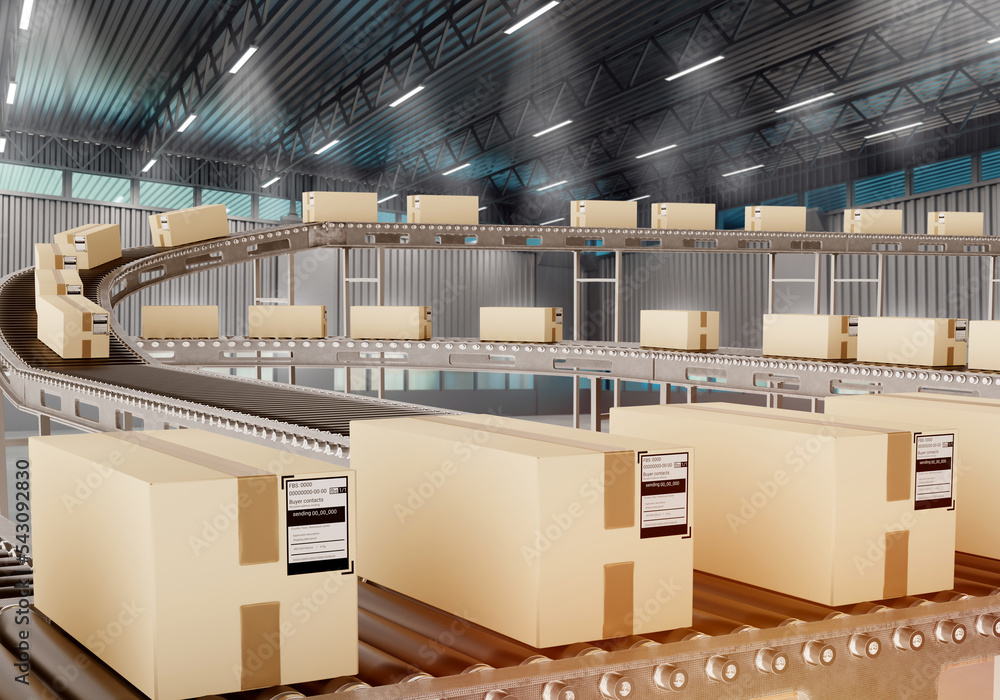 Conveyor with parcels. Identical parcels on production line. Spacious ...