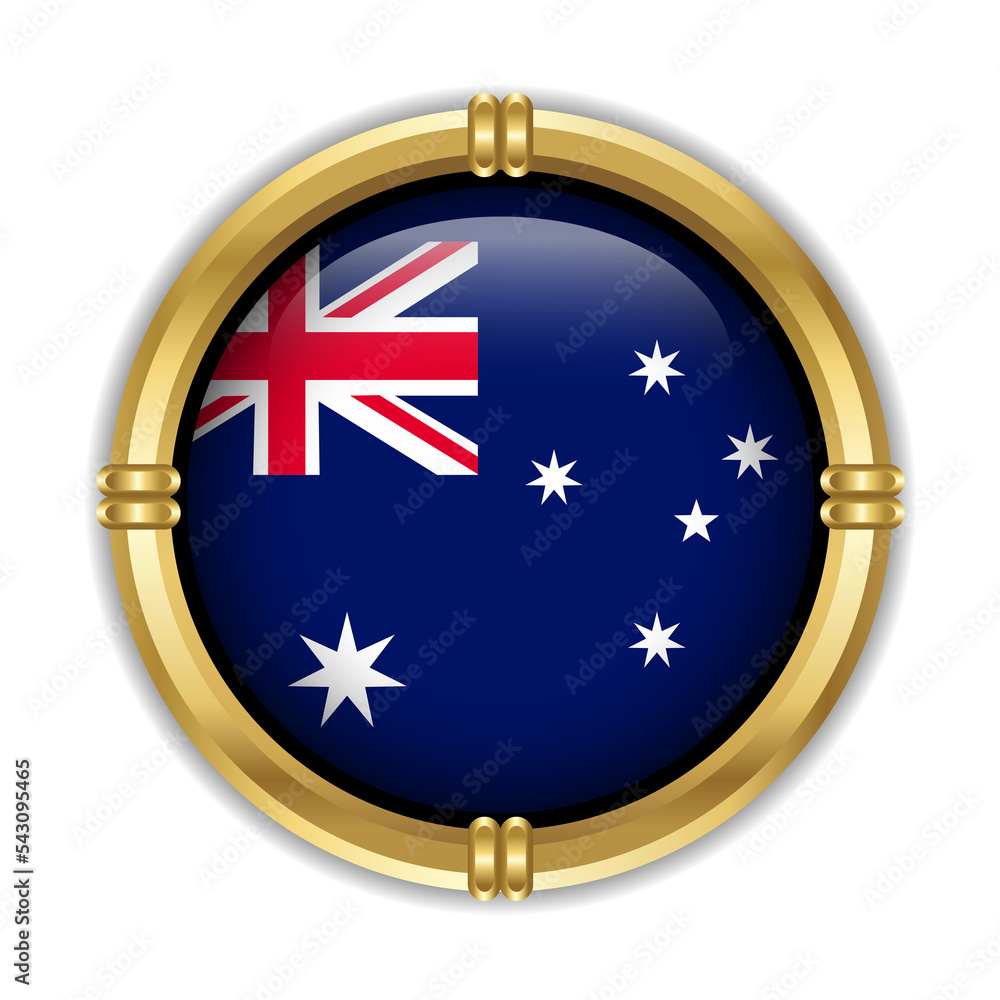 Australia Flag circle shape button glass in frame golden. Background ...
