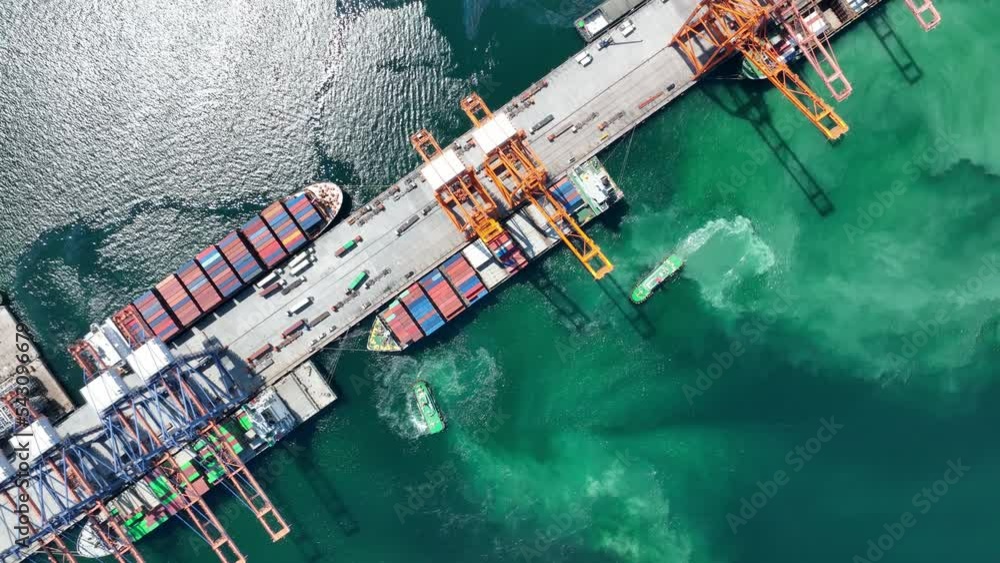 Tug boat drag pull Cargo Container Ship to international Bridge cargo ...