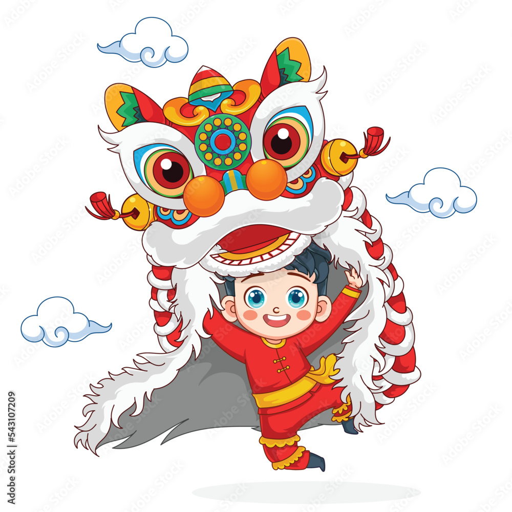 Little boy playing chinese lion dancing Stock Vector | Adobe Stock