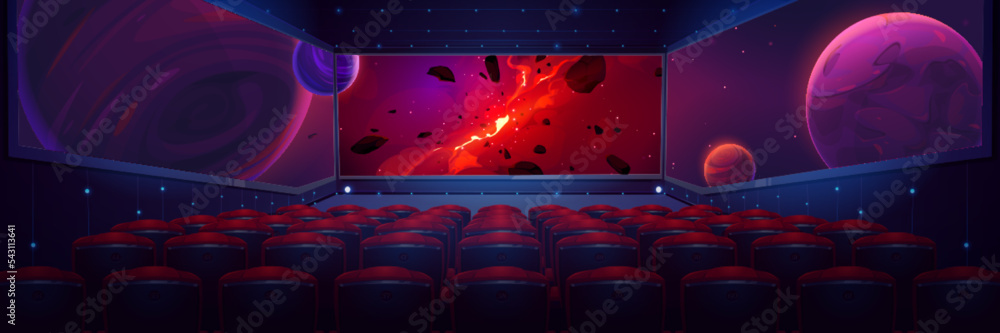 Movie theater, cinema hall with wide screen and rows of red seats rear ...